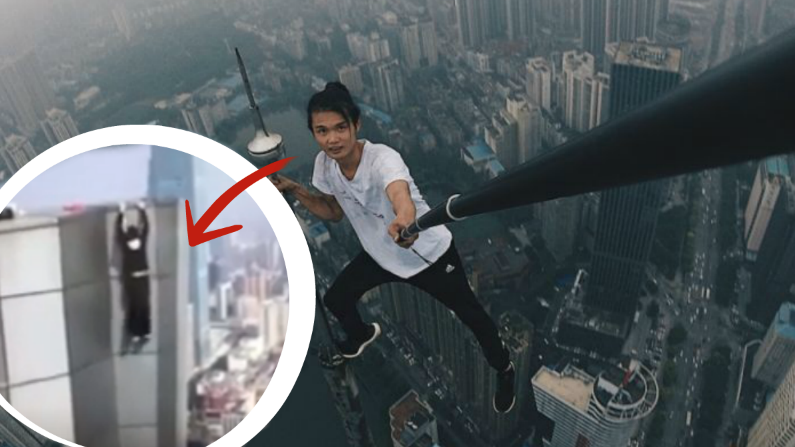 Här faller Wu, 26, från 62 våningar mot sin död